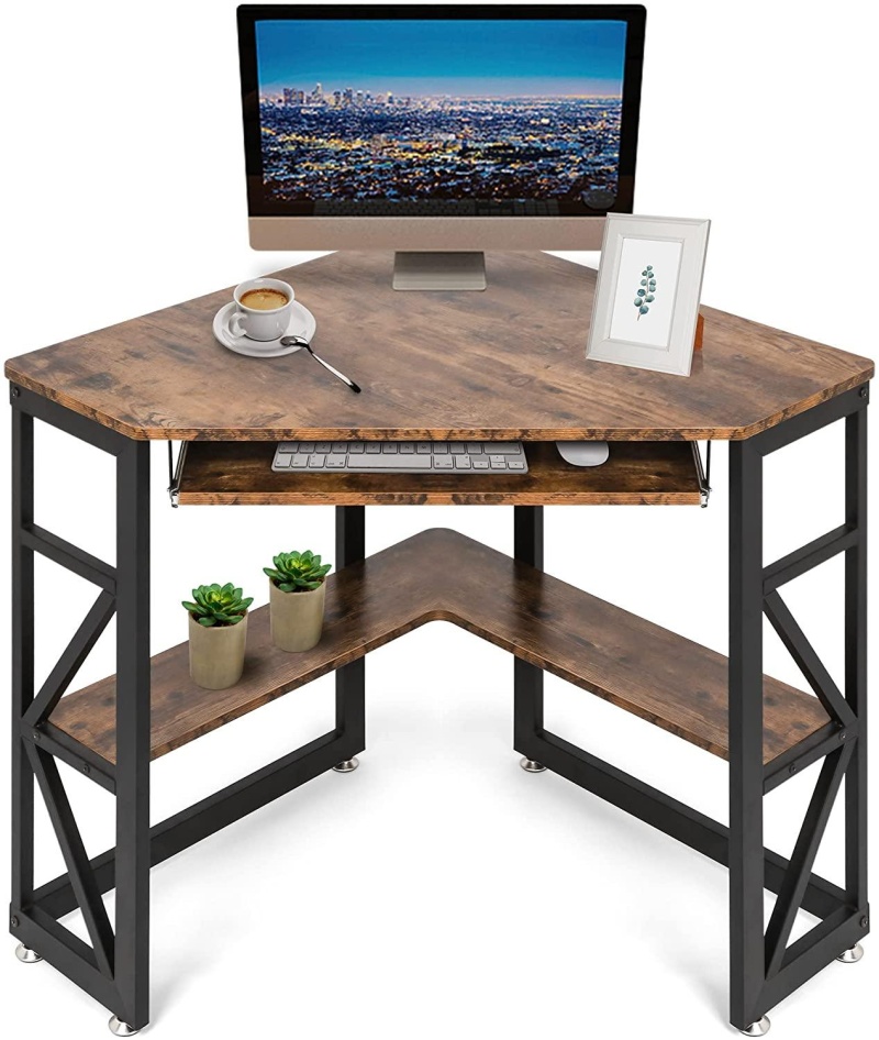 Triangle Computer Desk - Corner Desk with Keyboard Tray & Storage ...