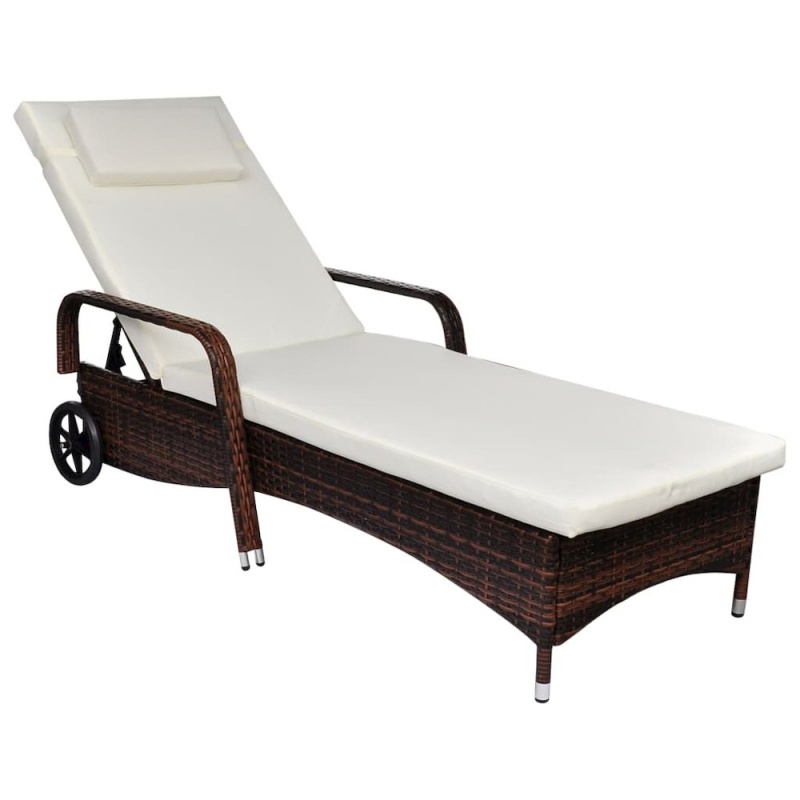 Vidaxl Poly Rattan Sun Lounger with Cushion and Wheels Brown - 42476