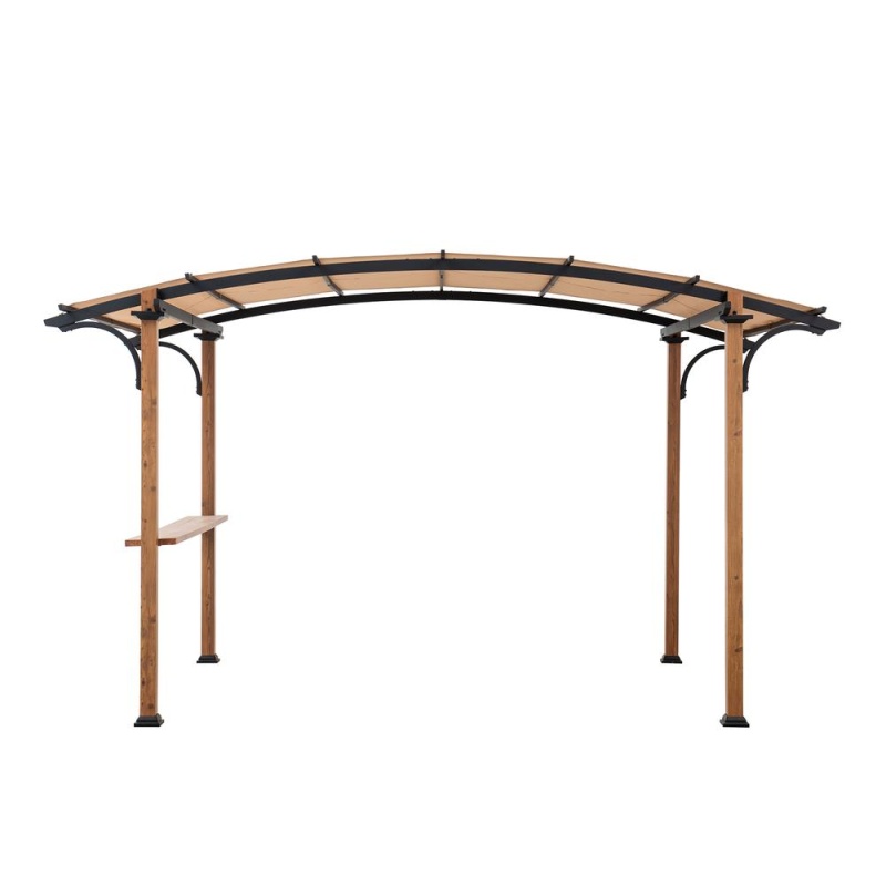 Sunjoy Steel Arched Metal Pergola with Natural Wood Finish and Tan ...