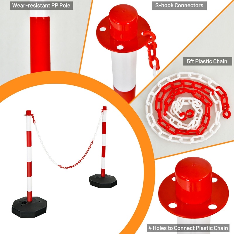 6 Pack 34" Traffic Delineator Poles With 5Ft Chains And Fillable Base