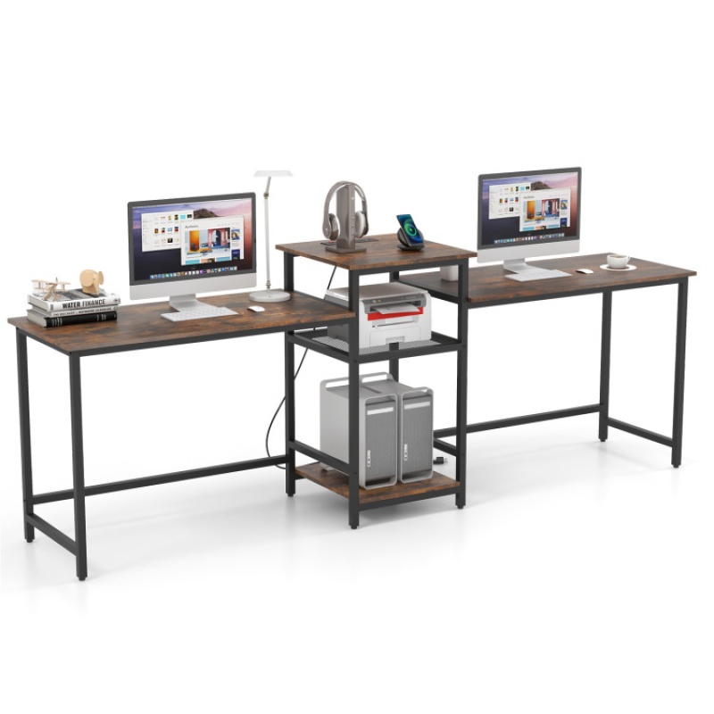 2-Person Computer Desk With Power Outlet And Printer Stand-Rustic Brown
