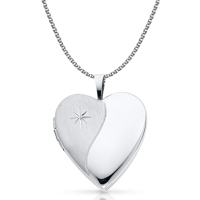 14K Gold Offset Cz Heart Locket Pendant With 1.3Mm Flat Open Wheat Chain