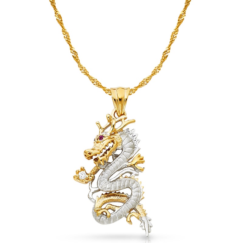 14K Gold Cz Dragon Charm Pendant With 1.8Mm Singapore Chain Necklace