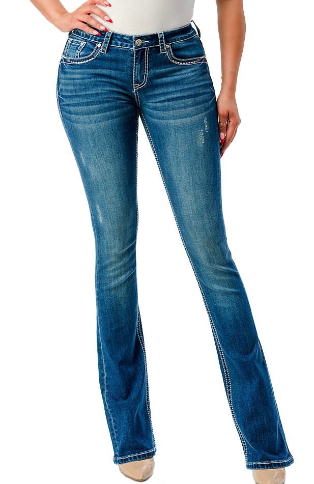 Grace In La Women's Western Wing Embroidered Mid Rise Bootcut Jeans