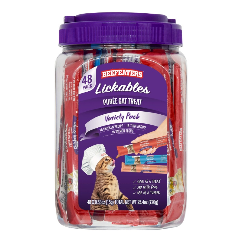 Lickables Puree Cat Treat Variety Pack, 48 Ct Tub - Delightful Treats ...
