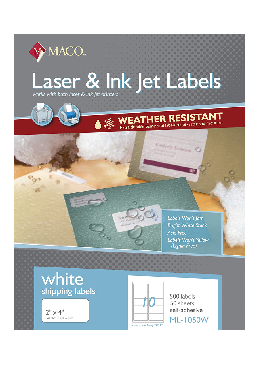 Laser/Ink Jet Weather-Resistant White Shipping Labels, 2" X 4", 10 ...