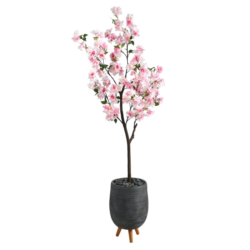 6 Foot Cherry Blossom Artificial Tree in Gray Planter with Stand for ...