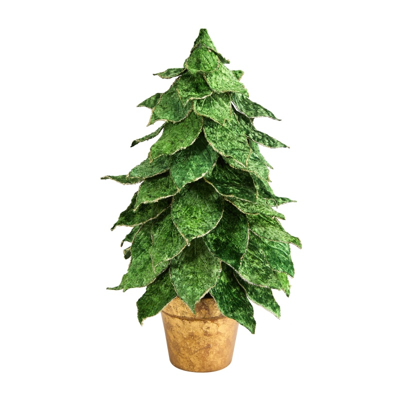 Mini Velvet Christmas Artificial Tree in Golden Planter - 16"