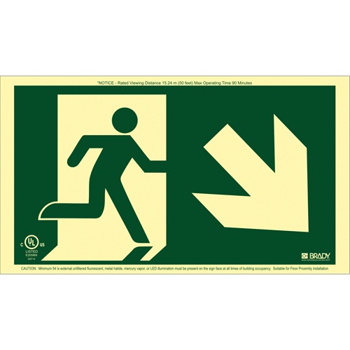 Bradyglo® Running Man Exit Sign With Down Right Arrow, 8-1/2" X 15 ...