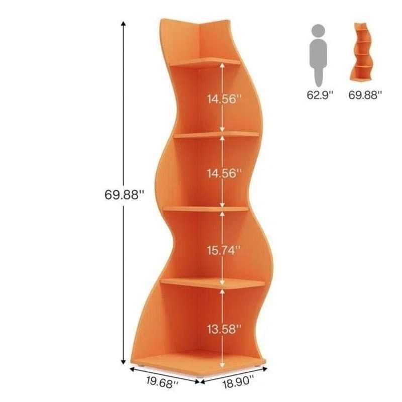 Modern Wave Shape 5 Shelf Corner Bookcase In Orange Wood Finish