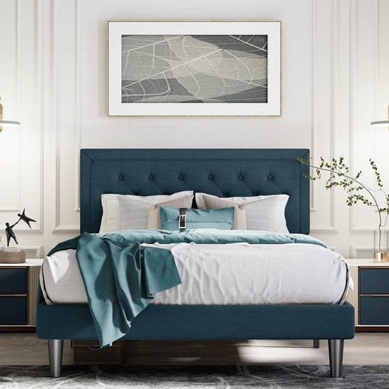 Full Size Adjustable Height Platform Bed Frame with Blue Upholstered ...