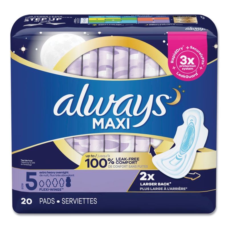 Always Maxi Pads, Size 5, Extra Heavy Overnight Absorbency, 20/Pack