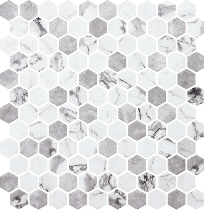 Marmoreal Grey Calacatta Glass Mosaic - 1" Hexagon - Matte