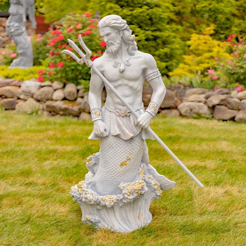 50" Tall Magnesium Merman Garden Statue Holding Trident In Antique Grey ...
